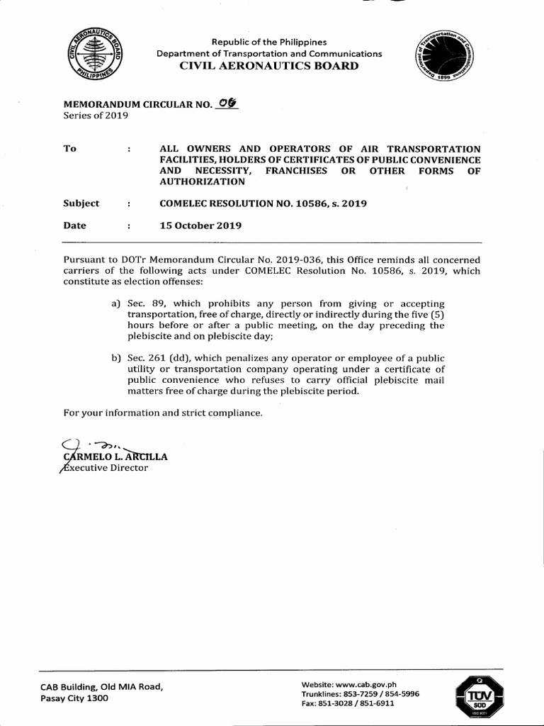 CAB Memorandum Circular No. 06 (Series of 2019) | PDF