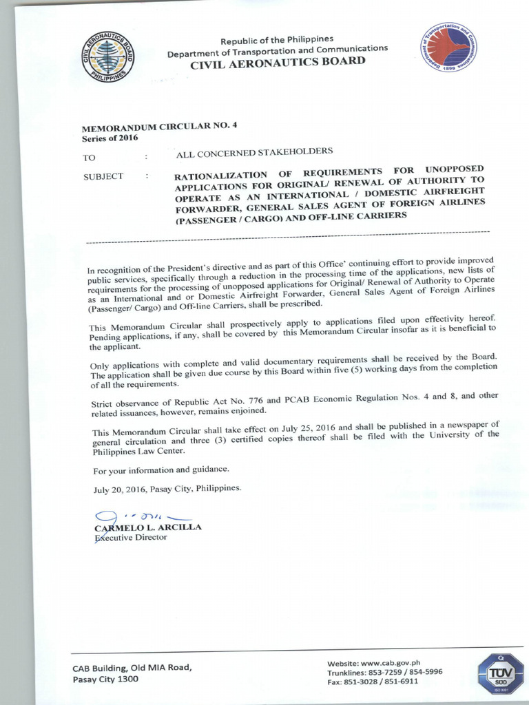 CAB Memorandum Circular No. 04 (Series of 2016) | PDF