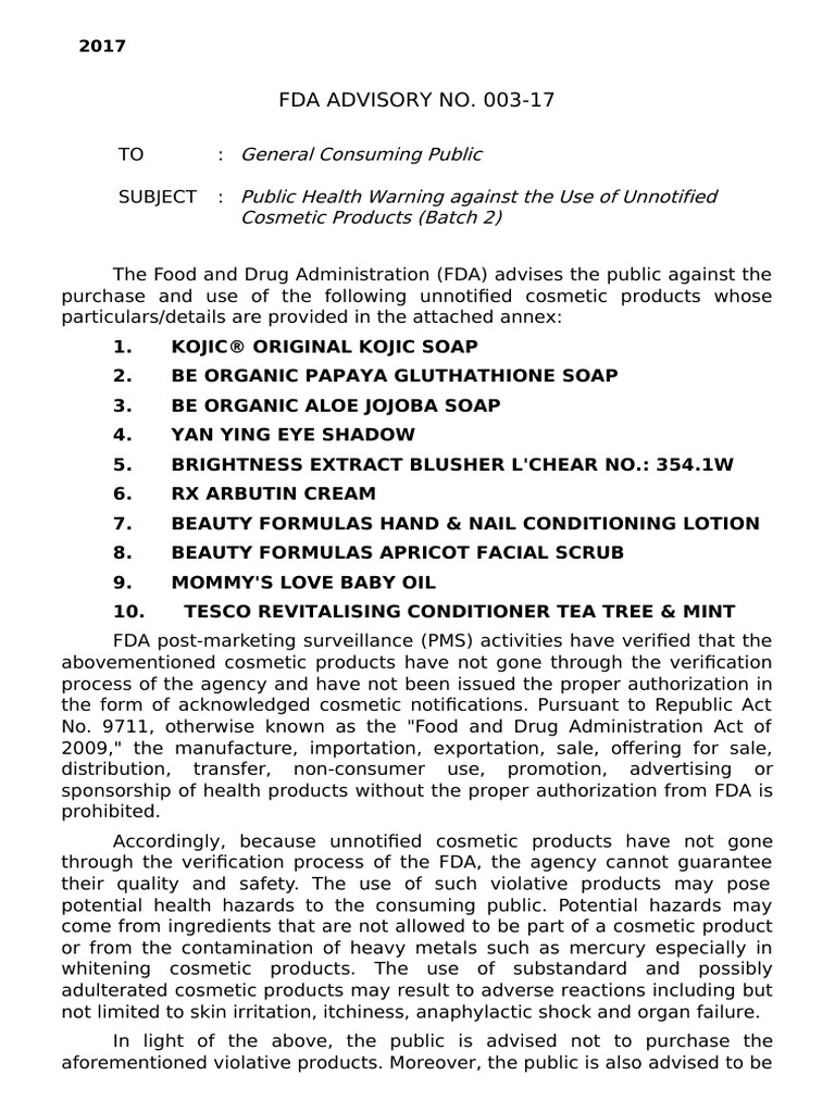 Public Health Warning Against The Use of Unnotified Cosmetic Products ...