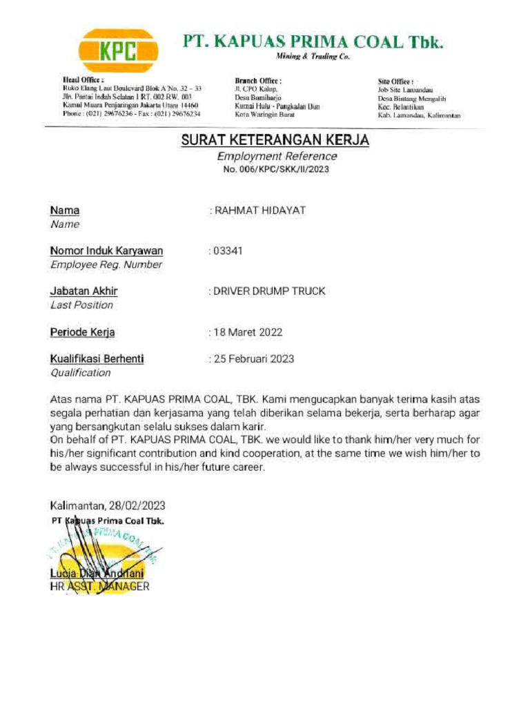 Paklaring PT KPC | PDF