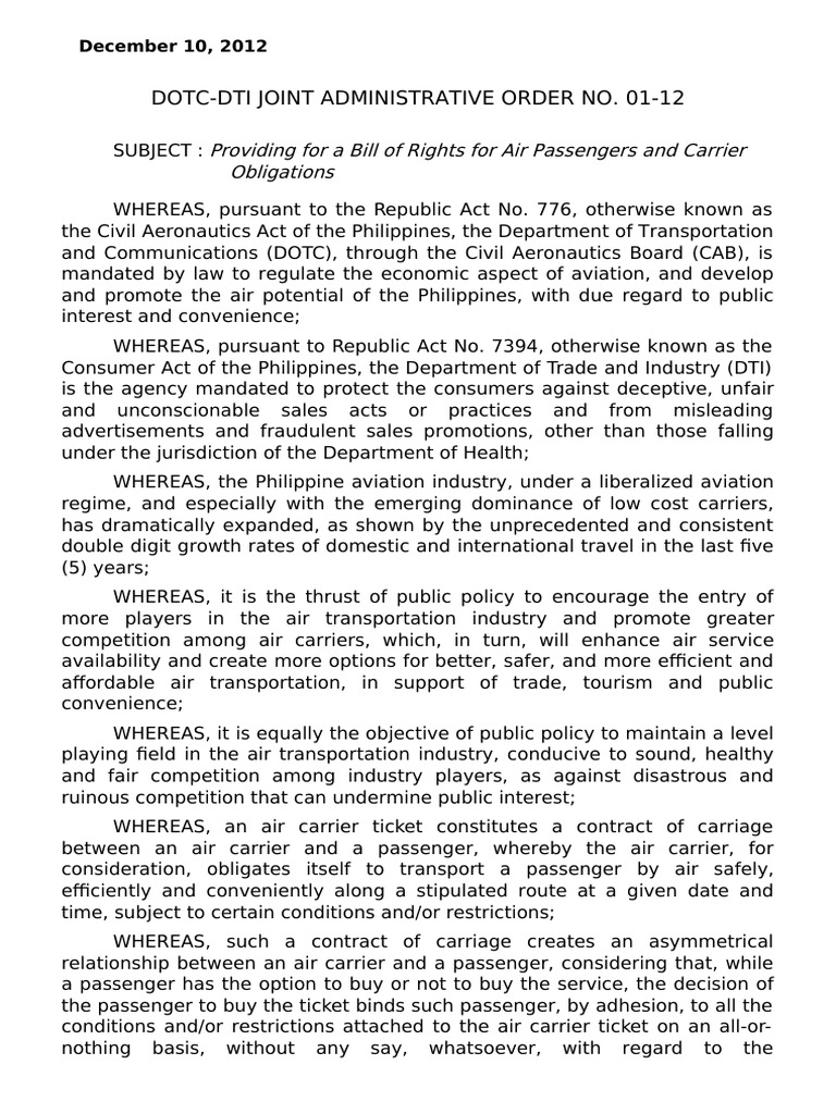 Bill of Rights For Air Passengers - Joint A.O. 01-12 | PDF