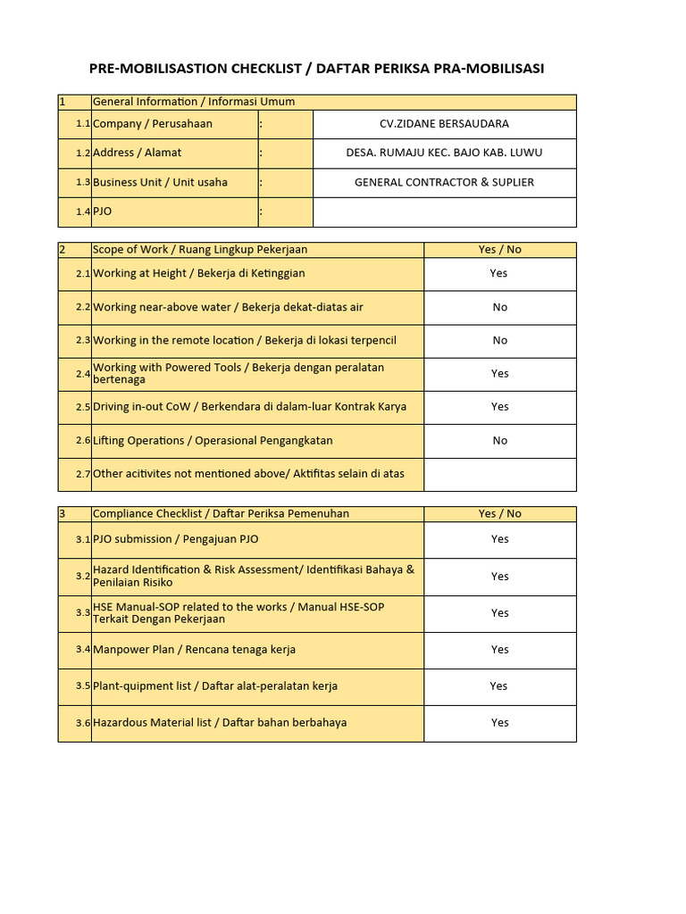 Contractors Pre-Mobilisation Checklist FIXXXX | PDF