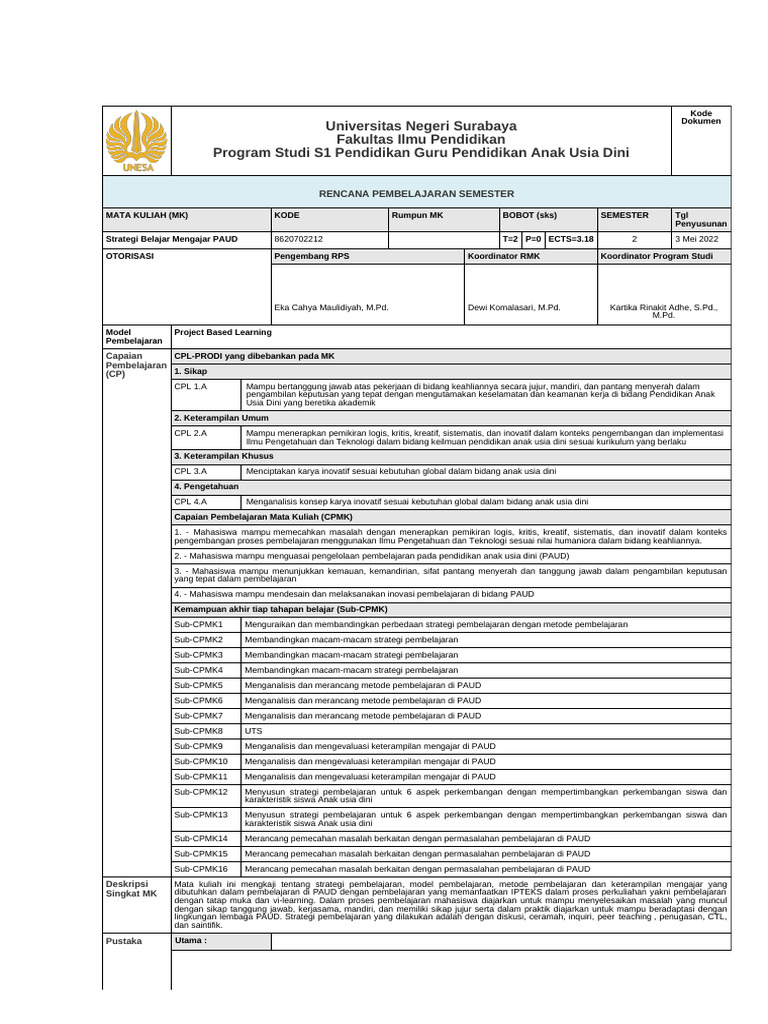 RPS Strategi Belajar Mengajar PAUD | PDF