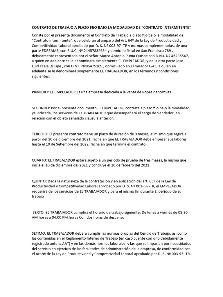 Contrato de Trabajo - Intermitente | Descargar gratis PDF | Derecho laboral | Economias