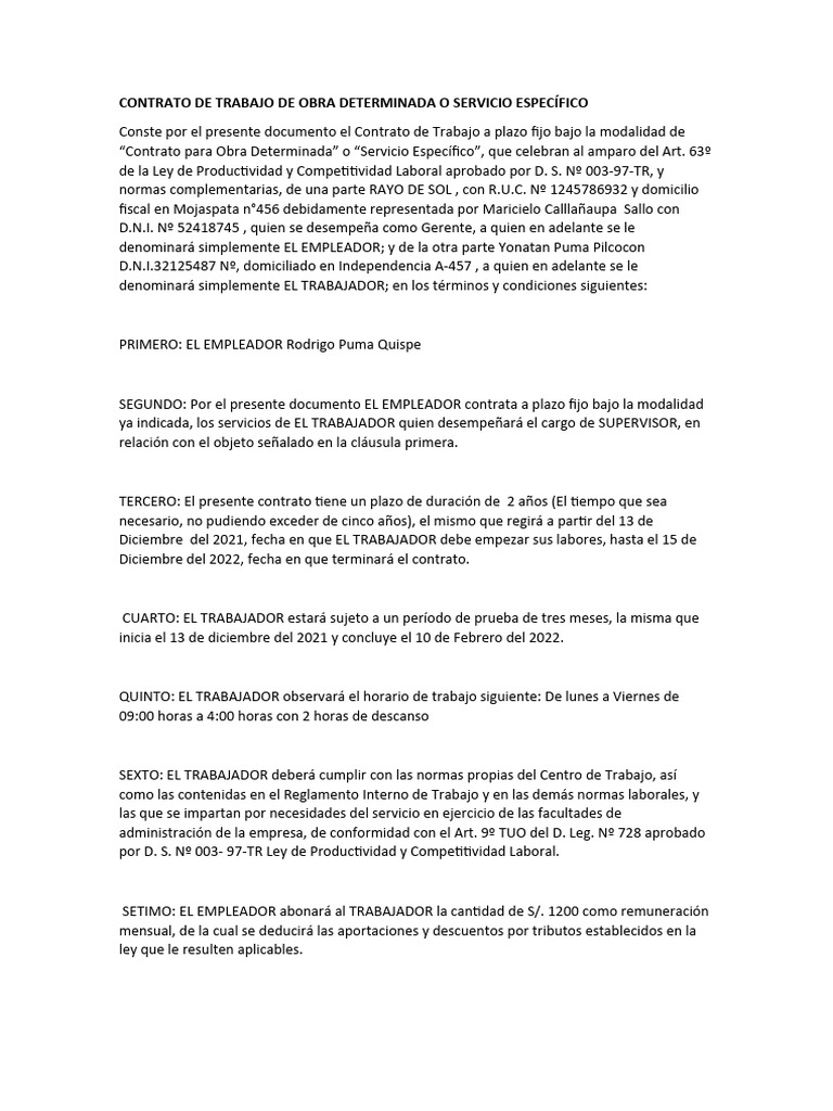 Contrato Obra Determinada o Servicio Específico | PDF | Derecho laboral | Justicia