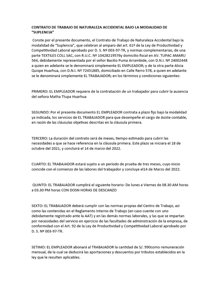 Contrato - Suplencia | PDF | Derecho laboral | Economias