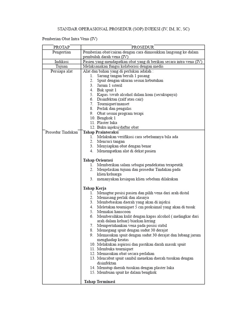 SOP Pemberian Obat Injeksi IV, IM, IC, SC | PDF | Sains & Matematika