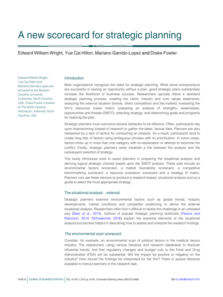 A New Scorecard For Strategic Planning | PDF | Swot Analysis | Business
