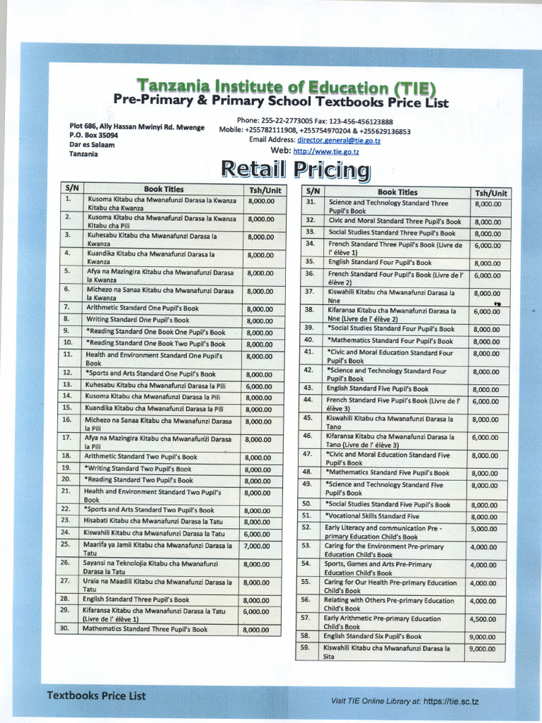 Price List For Primary Education Books | PDF