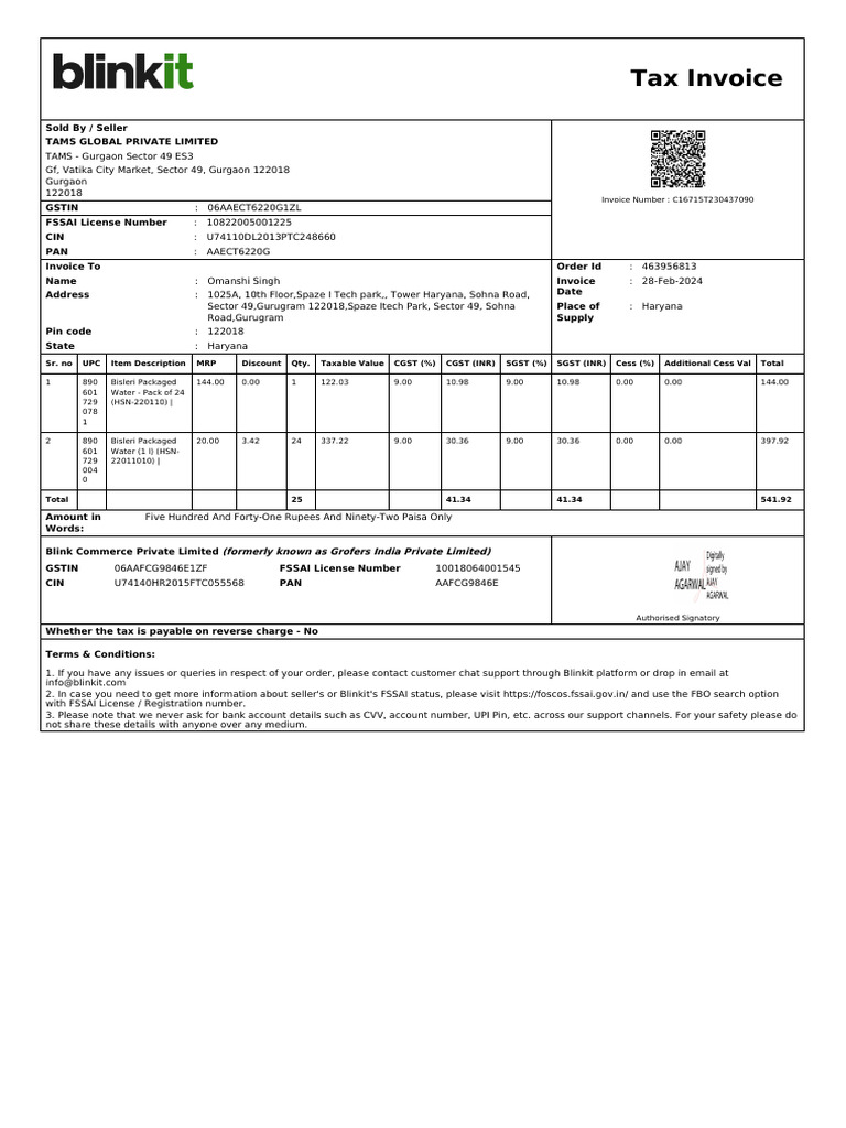 Blinkit Invoice - ORD880573292 | PDF