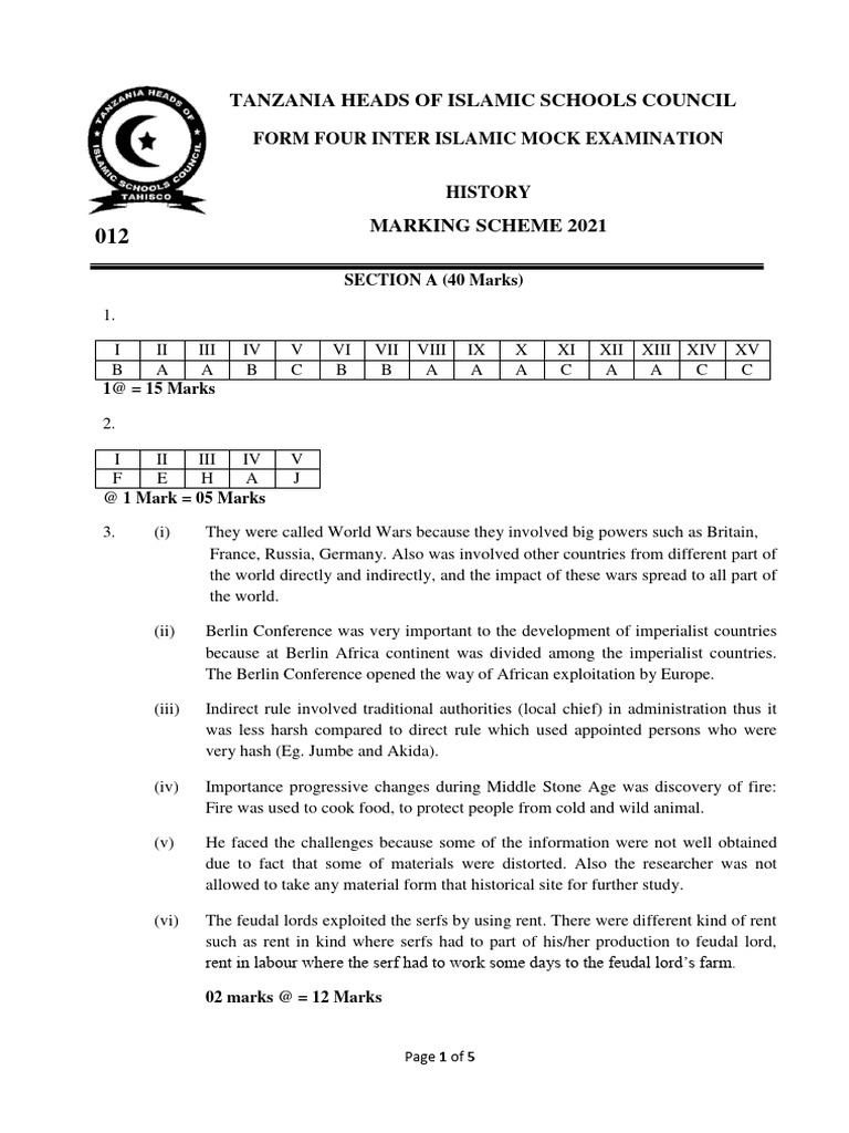 History Mock Exam Marking Scheme 2021 | PDF | Slavery | Colonialism