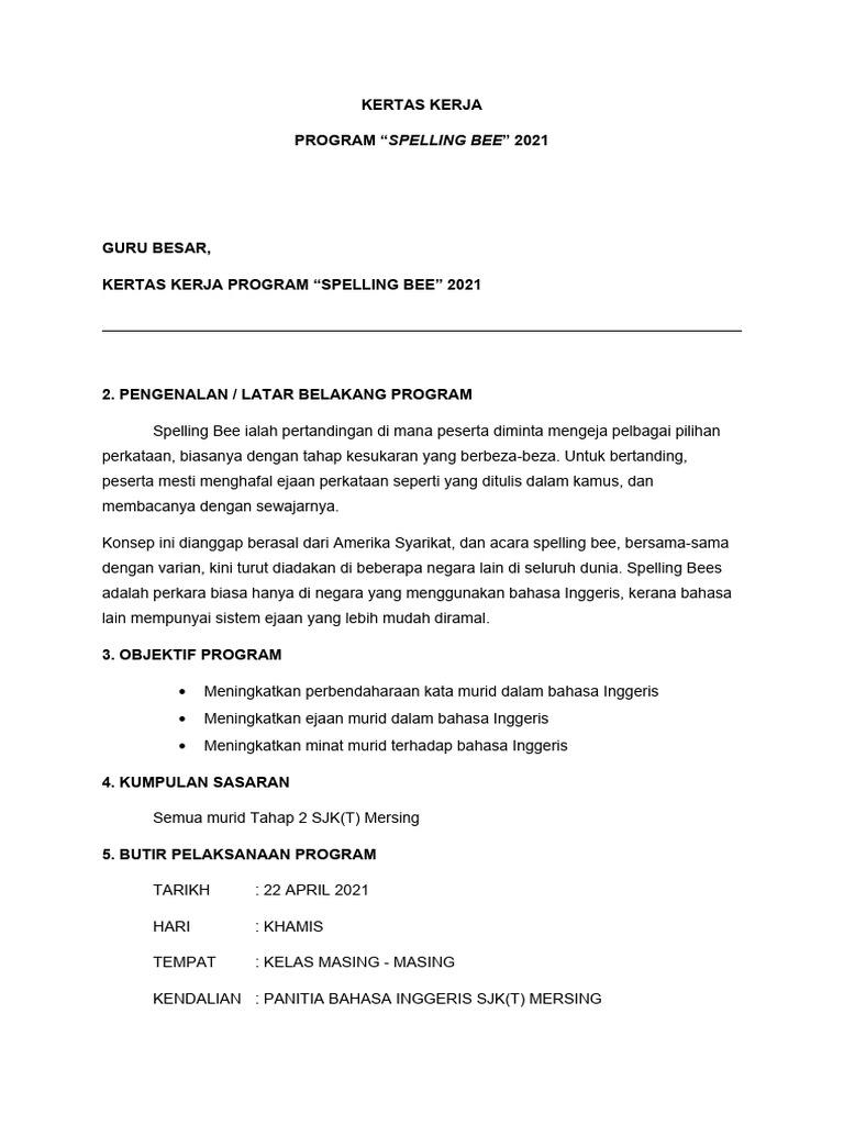 Program Spelling Bee 2021 SJK(T) Mersing | PDF