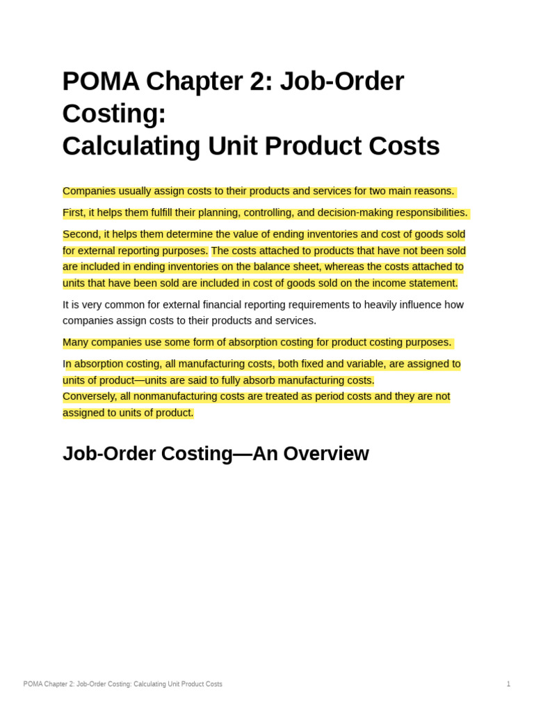 POMA Chapter 2 Job-Order Costing Calculating Unit | PDF | Cost Of Goods Sold | Cost