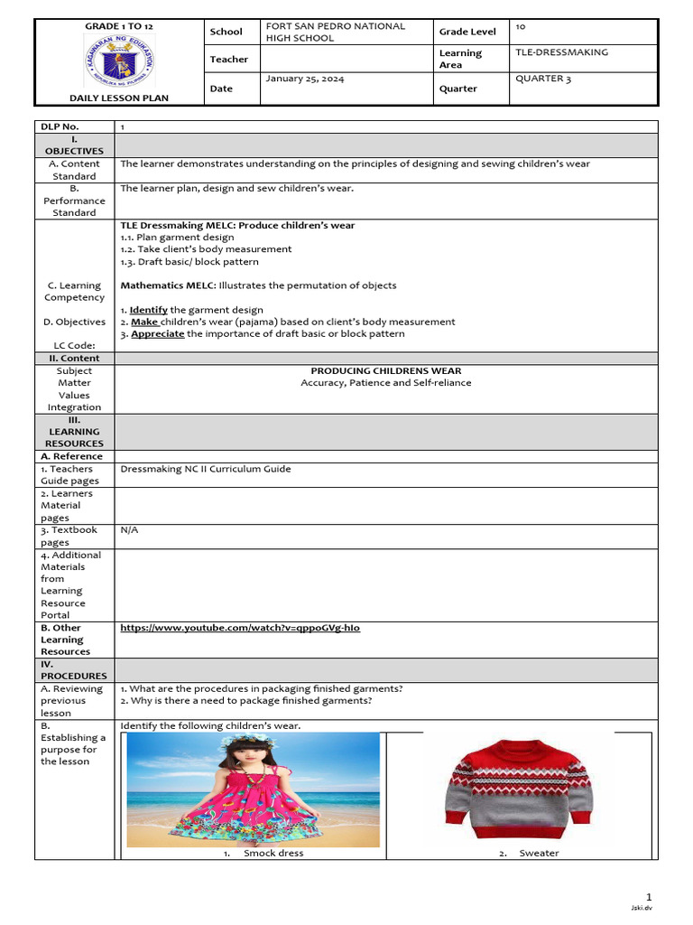Lesson Plan: Children's Wear Design | PDF | Creativity | Cognition