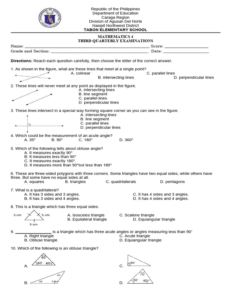 Grade 4 Math Exam: 3rd Quarter | PDF | Rectangle | Triangle
