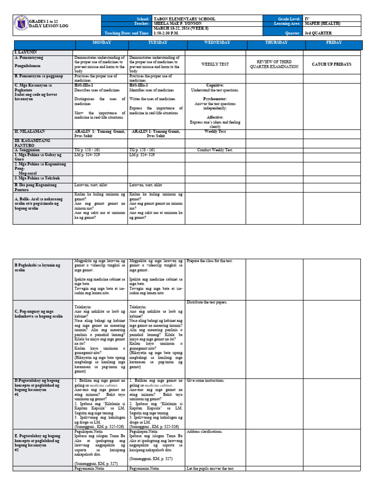 DLL - Mapeh 4 - Q3 - W8 Yonson | PDF