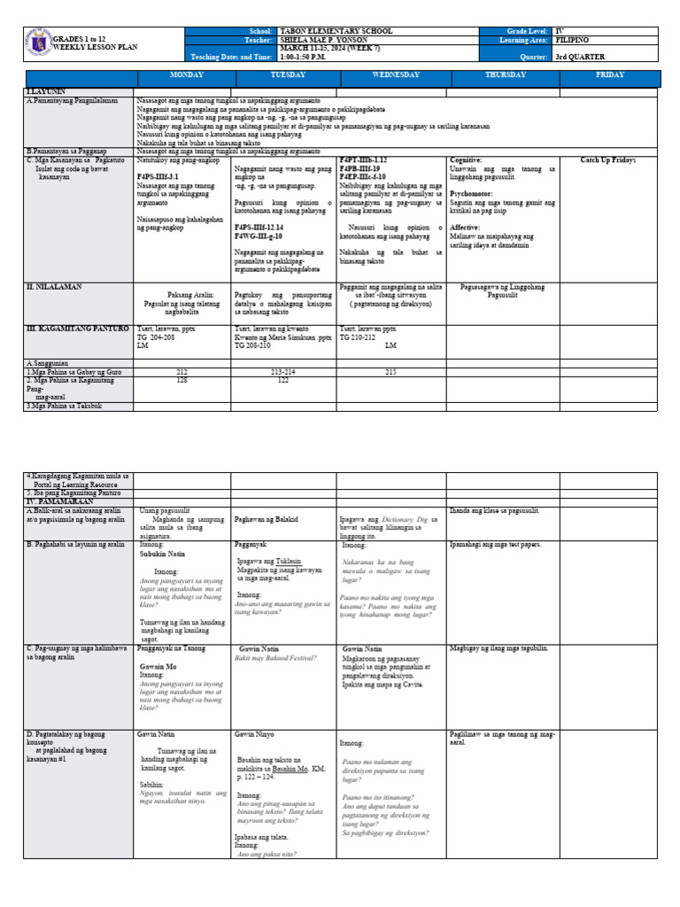 DLL - Filipino 4 - Q3 - W7 Yonson | PDF