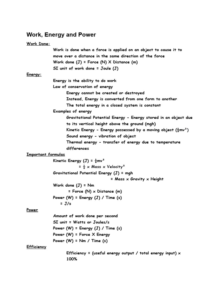 Work, Energy and Power (Grade 9) | PDF