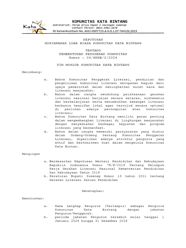 Pengurus Komunitas Kata Bintang 2024 | PDF | Politik | Ilmu Sosial