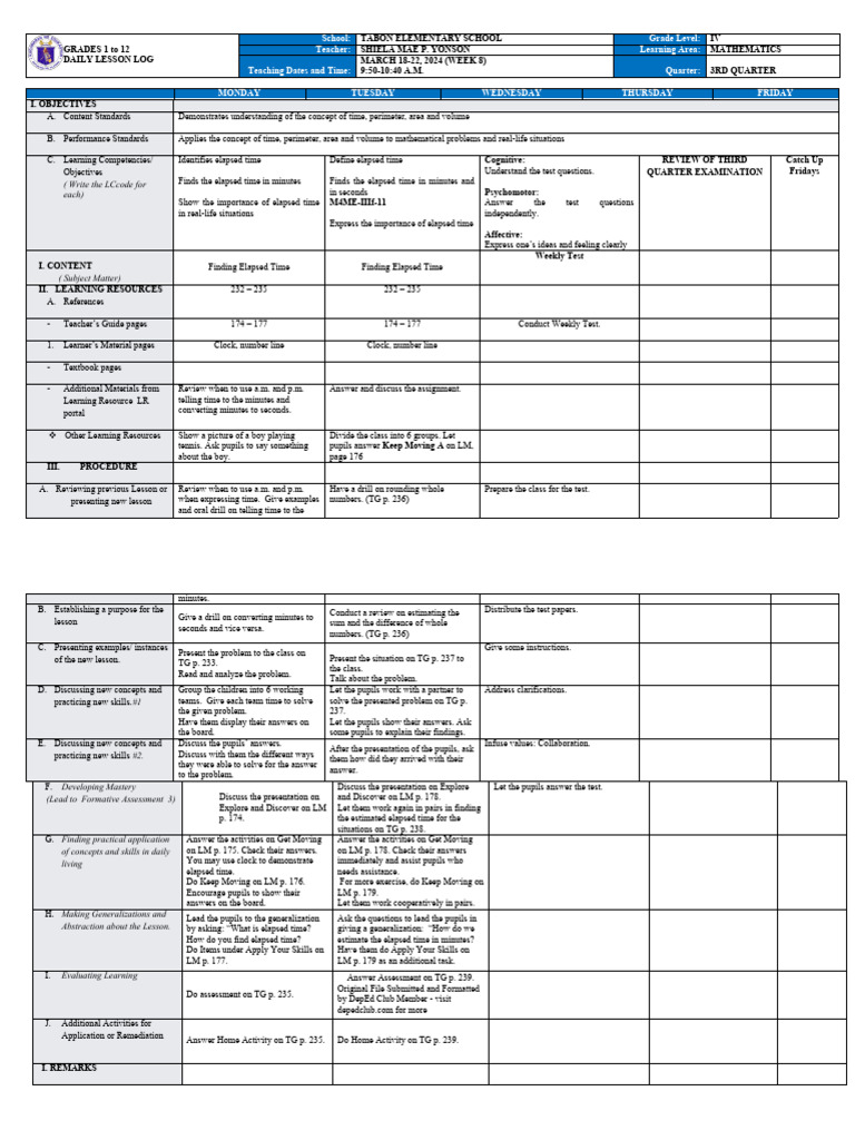 DLL - Mathematics 4 - Q3 W8 Yonson | PDF