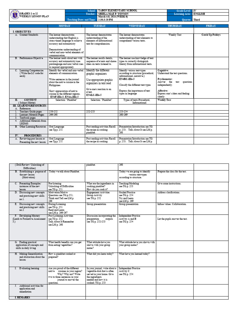 DLL - English 4 - Q3 - W6 Yonson | PDF