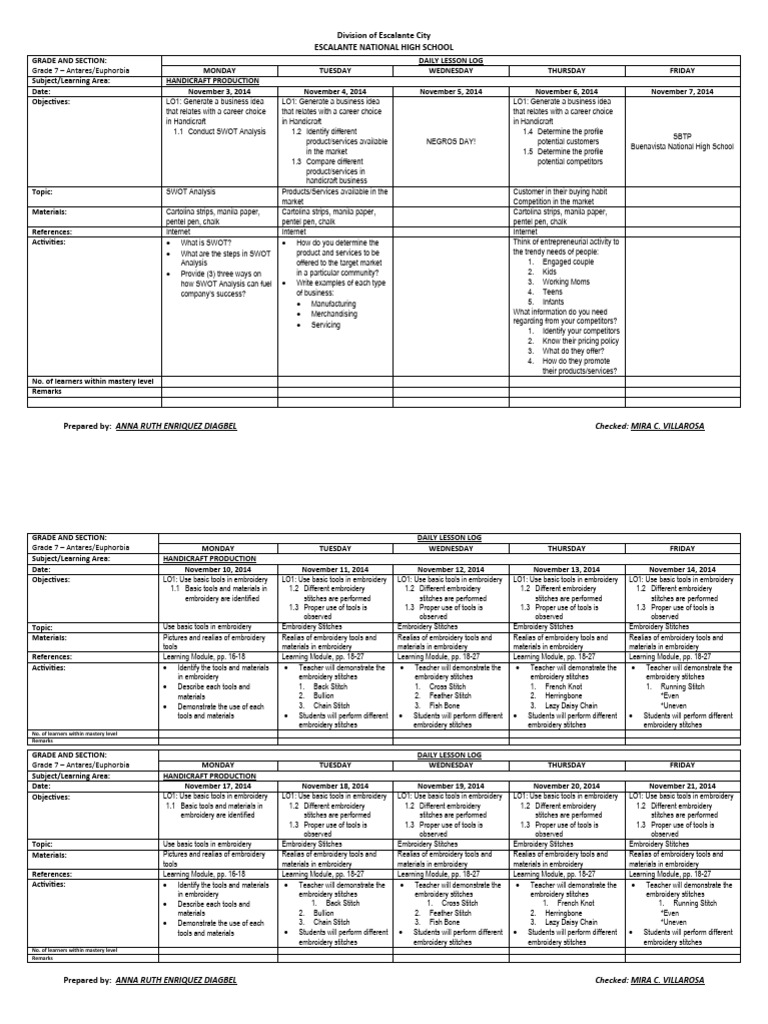 Handicraft Production Lesson Plan | PDF | Embroidery | Textiles