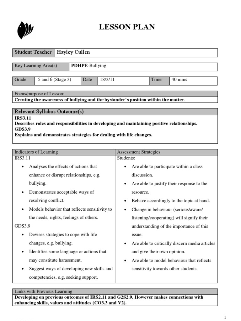 Bullying Awareness Lesson Plan for Grades 5-6 | PDF | Bullying | Lesson ...