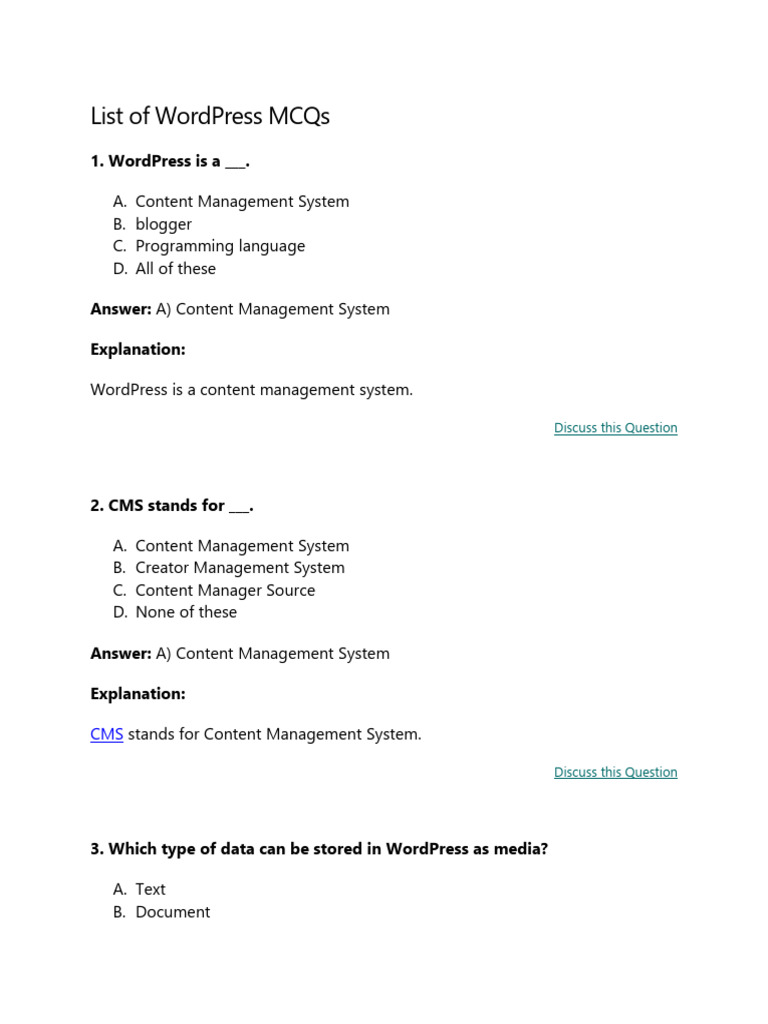 List of WordPress MCQs | PDF