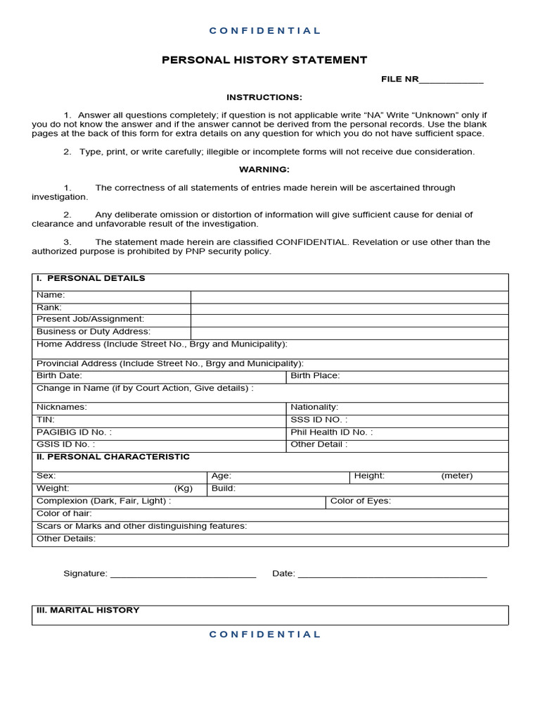 Personal History Statement Form Rid | PDF | Justice | Crime & Violence