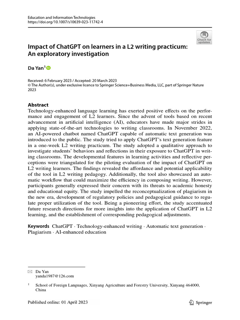 ChatGPT's Impact on L2 Writing Skills | PDF | Plagiarism | Artificial ...