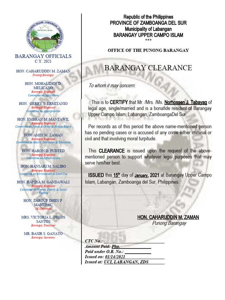 Barangay Clearance Certificate 2021 | PDF