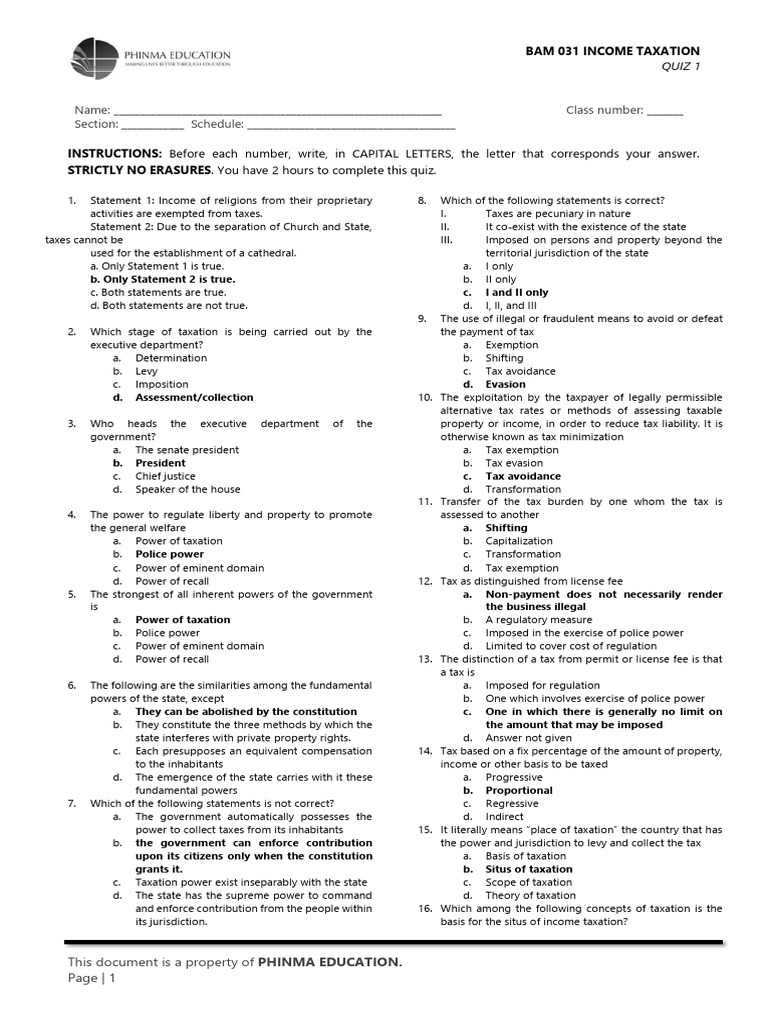 BAM031 Quiz 1 Key | PDF | Taxes | Progressive Tax