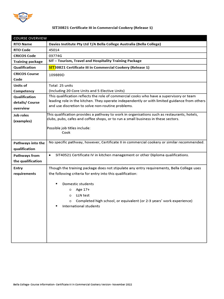 SIT30821 Course Info Certificate III in Commercial Cookery | Download ...