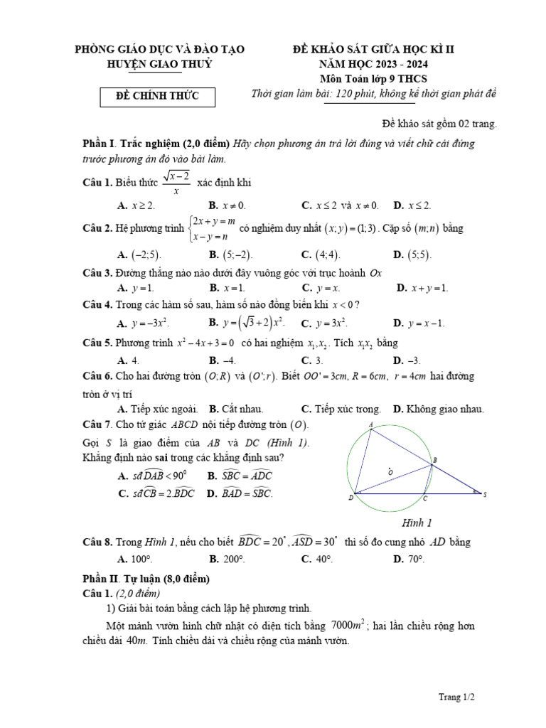 Toán 9 Gi A HKII 23-24 | PDF