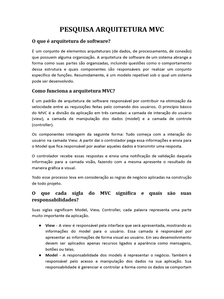 Pesquisa Arquitetura MVC: O Que É Arquitetura de Software? | PDF Pesquisa Arquitetura MVC: O Que É Arquitetura de Software? | PDF