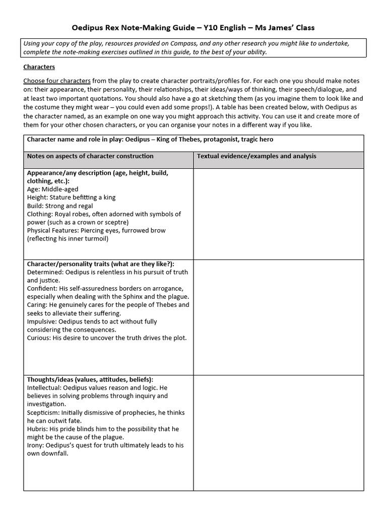 Oedipus Rex Character Study Guide | PDF | Oedipus | Tragedy