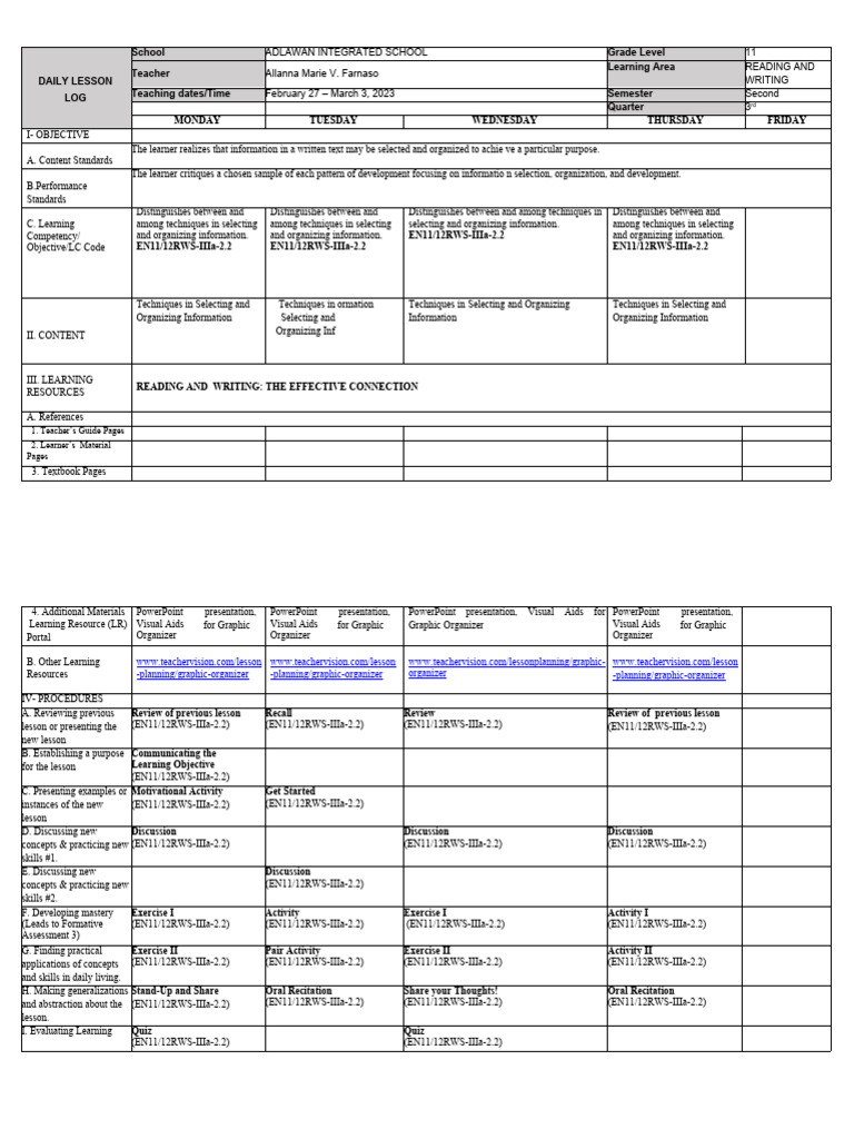 Grade 11 Reading & Writing Lesson Plan | PDF | Learning | Information