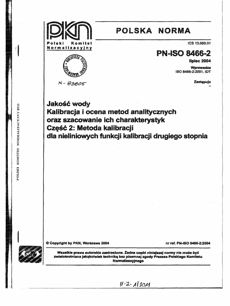 PN-IsO 8466-2 - Jakość Wody. Kalibracja I Ocena Metod Analitycznych | PDF