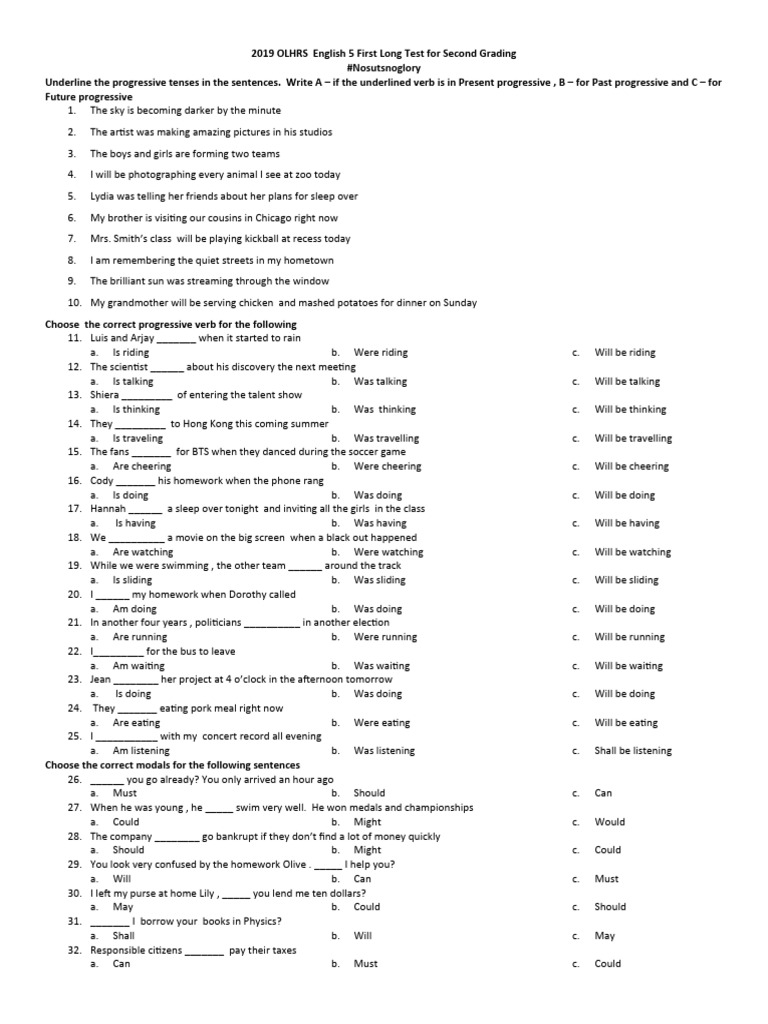 2019 OLHRS English 5 First Long Test For Second Grading | PDF