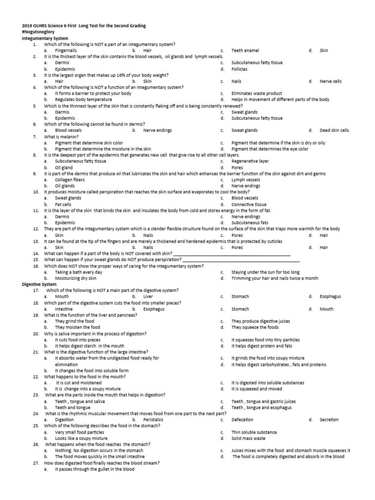 2019 OLHRS Long Test For The Second Gradin1 | PDF | Nervous System | Neuron