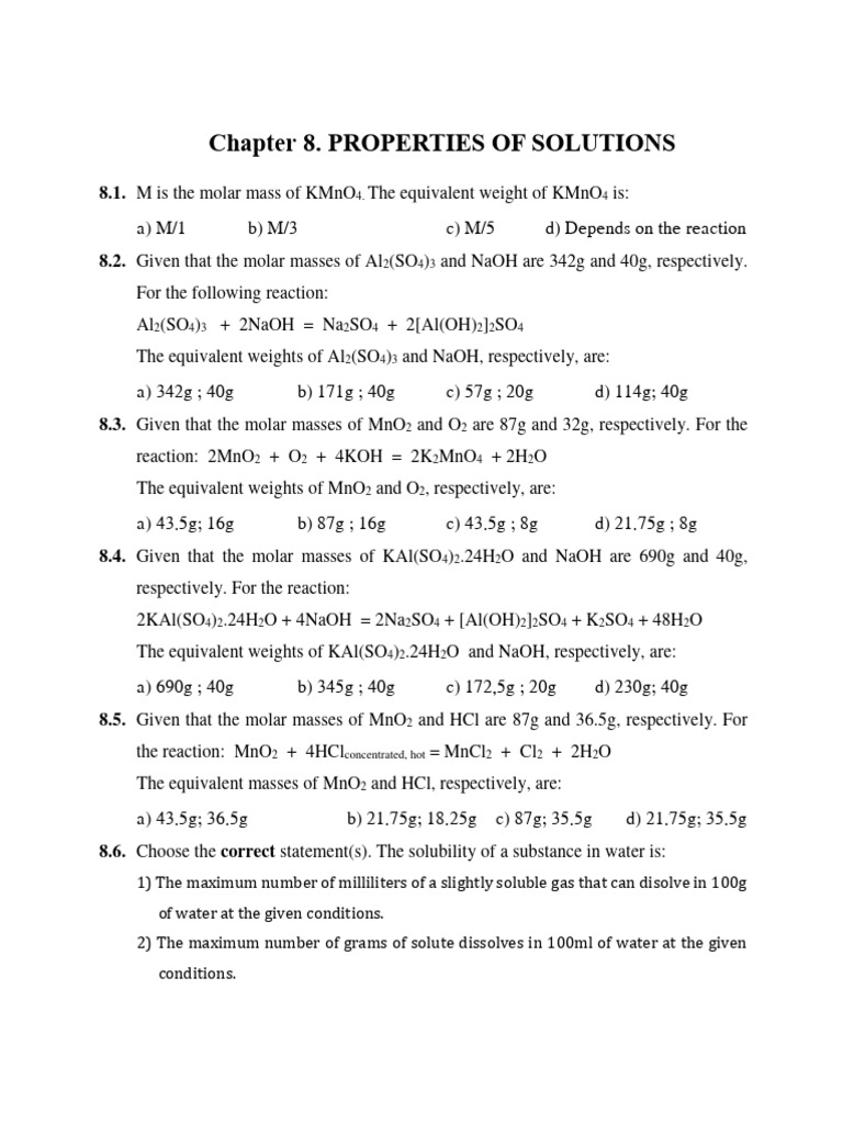 Molar Mass and Properties of Solutions | PDF | Solubility | Concentration
