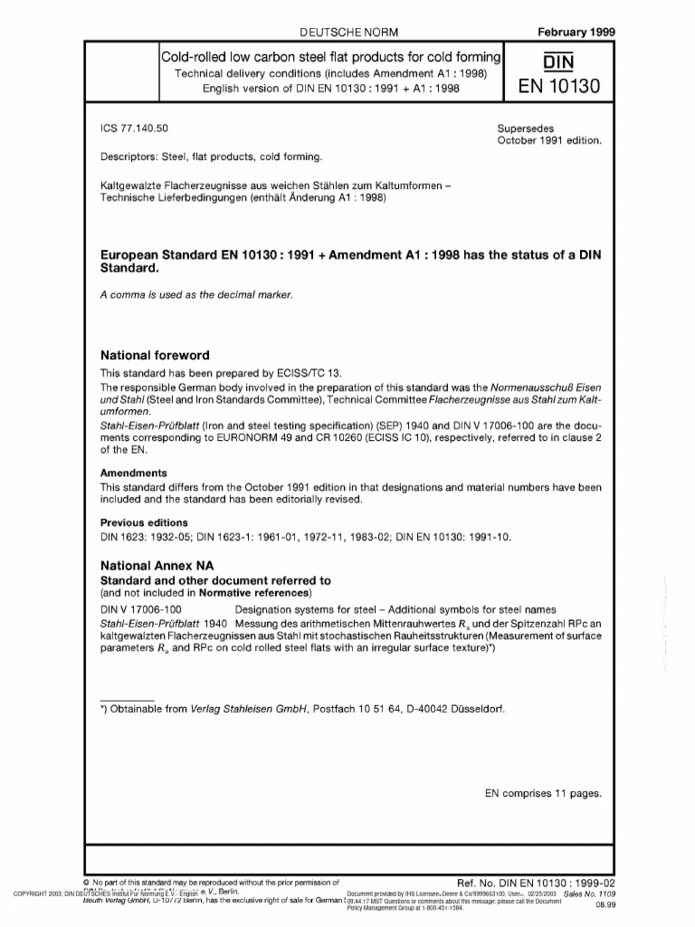 DIN EN 10130 - February - 1999 | PDF | Sheet Metal | Industrial Processes
