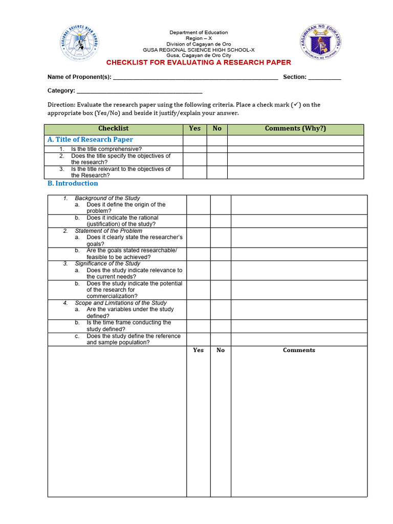 Checklist For Evaluating A Research Paper | PDF | Sampling (Statistics ...