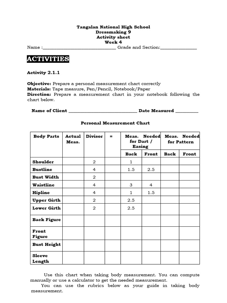 Dressmaking Activitysheet Week | PDF | Seam (Sewing) | Measurement