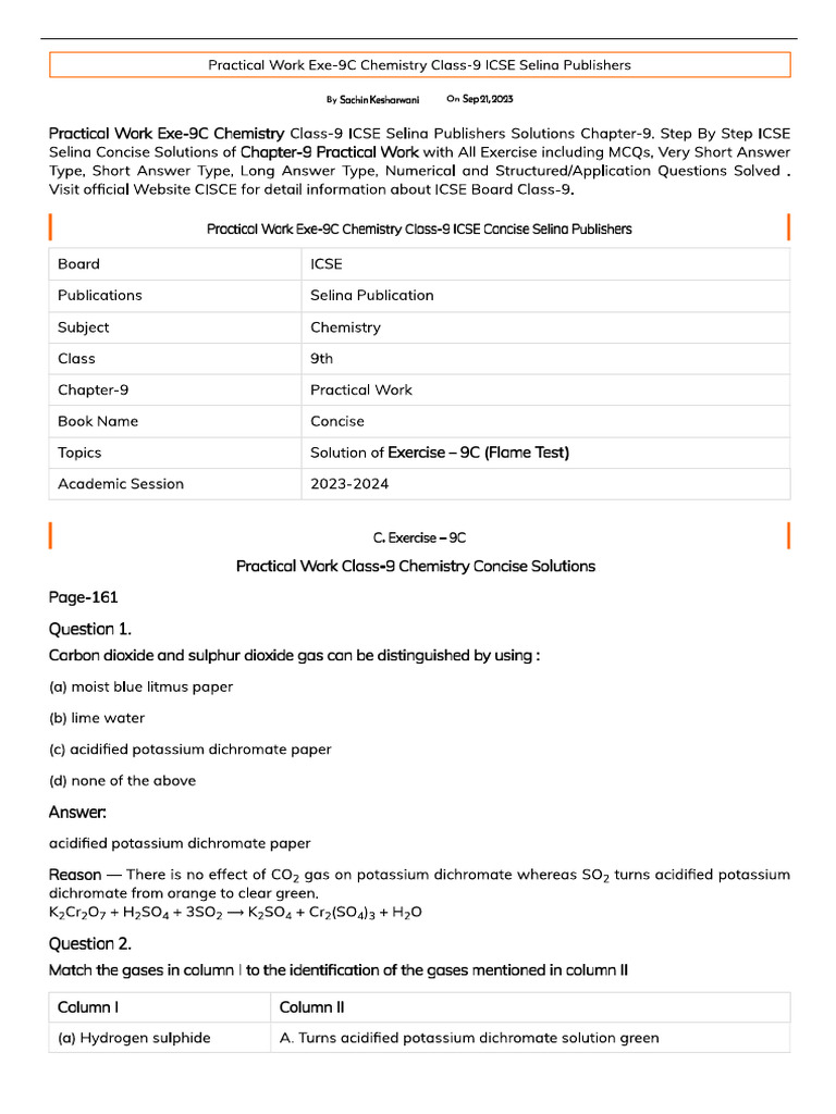Chapter - 9 Practical Work Exe-9C Chemistry Class-9 ICSE Concise Selina ...