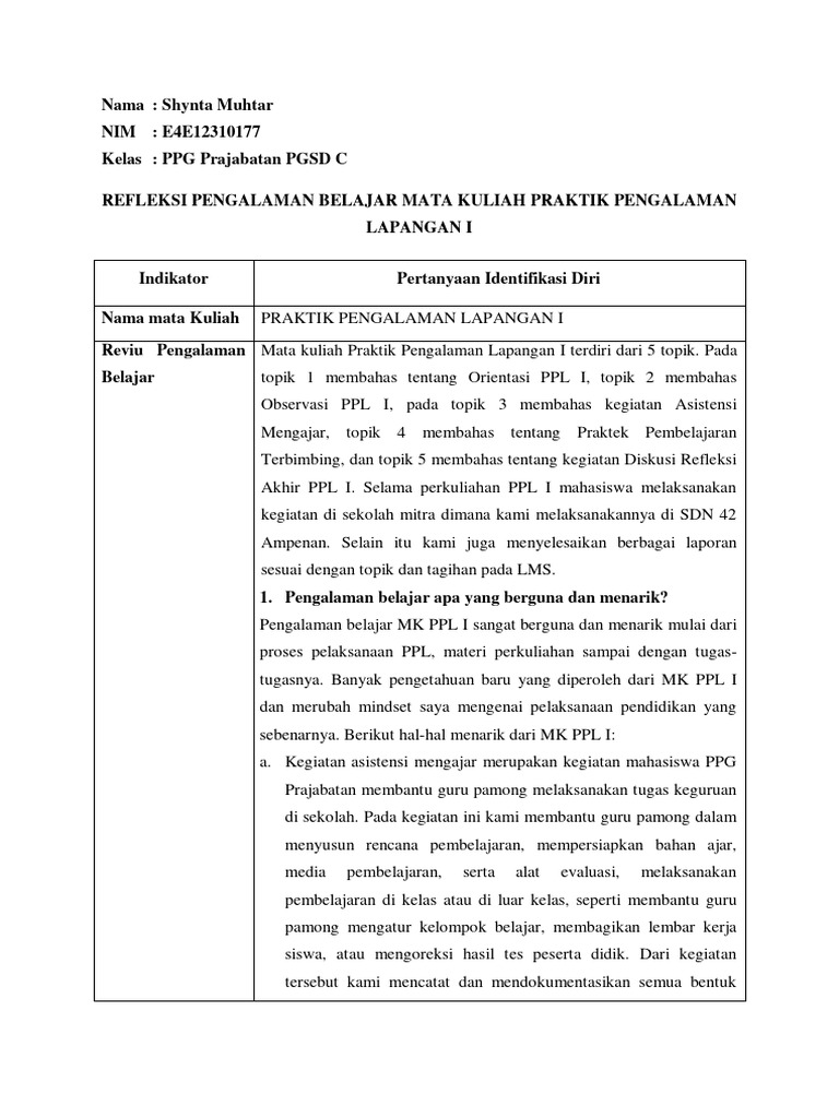 Jurnal Refleksi - Shynta Muhtra - PPL I | PDF | Karier & Perkembangan ...