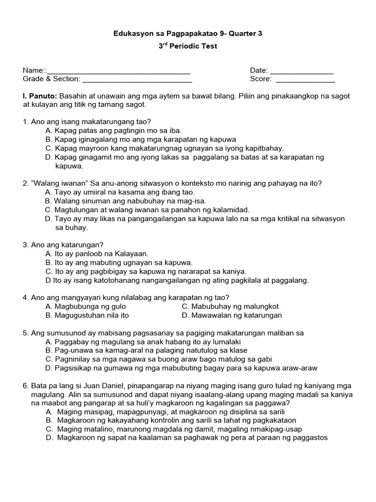 EsP9 Assessment Q3 | PDF