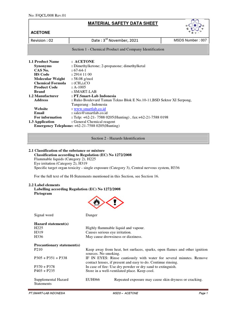 MSDS Acetone | PDF | Toxicity | Personal Protective Equipment
