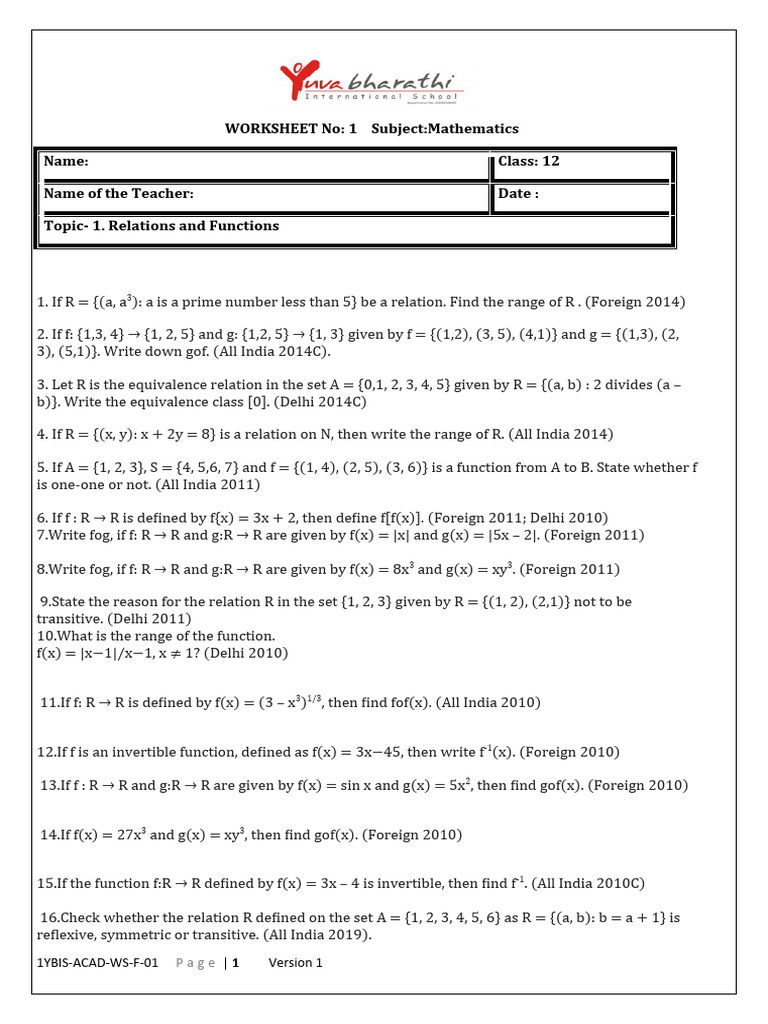 Class 12 Chapter 1 RF Ws | PDF | Function (Mathematics) | Functions And Mappings