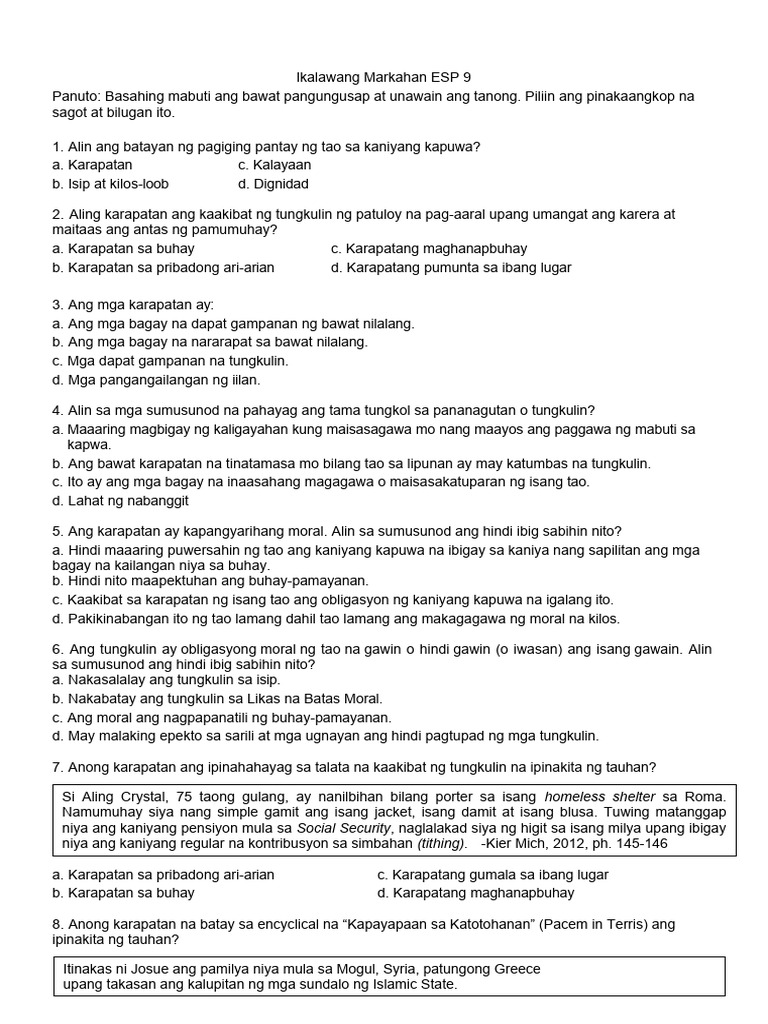 Esp 9 2nd Quarter Exam | PDF